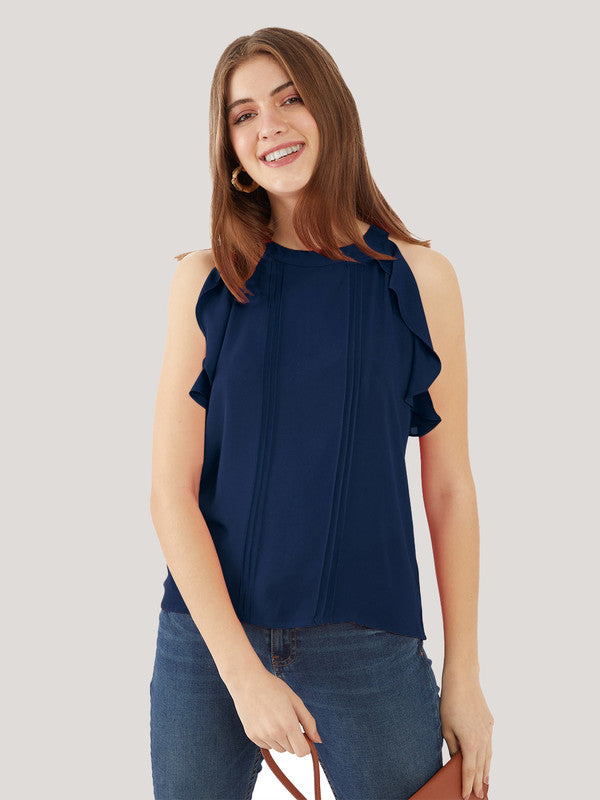 Buy Navy Blue Solid Ruffled Top for Women - Zink London