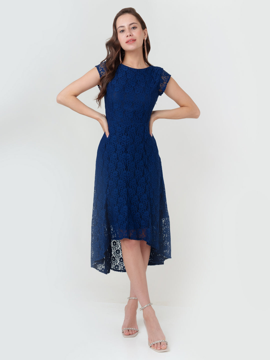 Buy Navy Lace A-Line Midi Dress - Zink London