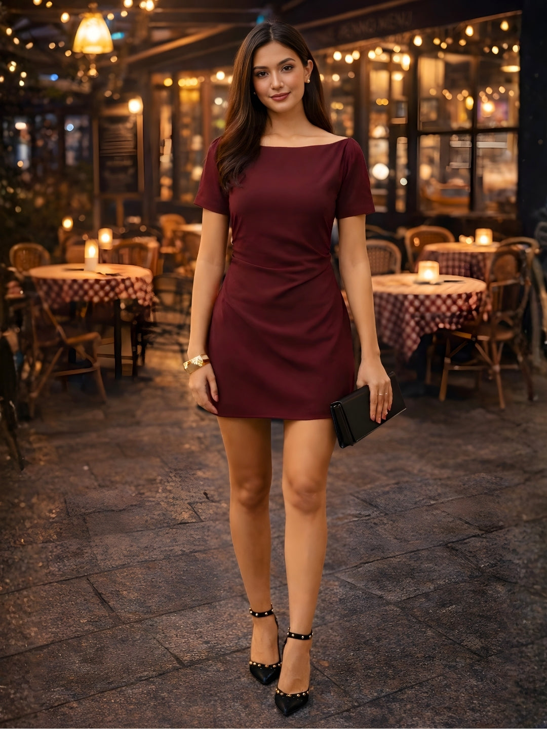 Brown Solid Half Sleeves Mini Dress