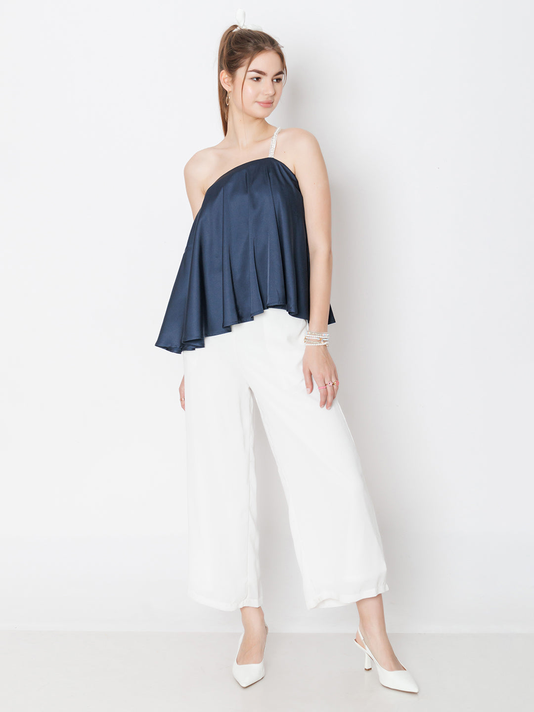 Buy Navy Blue Solid One Shoulder Top - Zink London