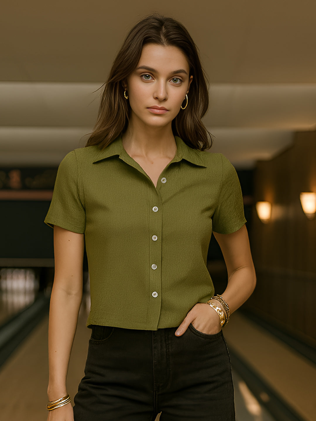 Green Solid Half Sleeves Top