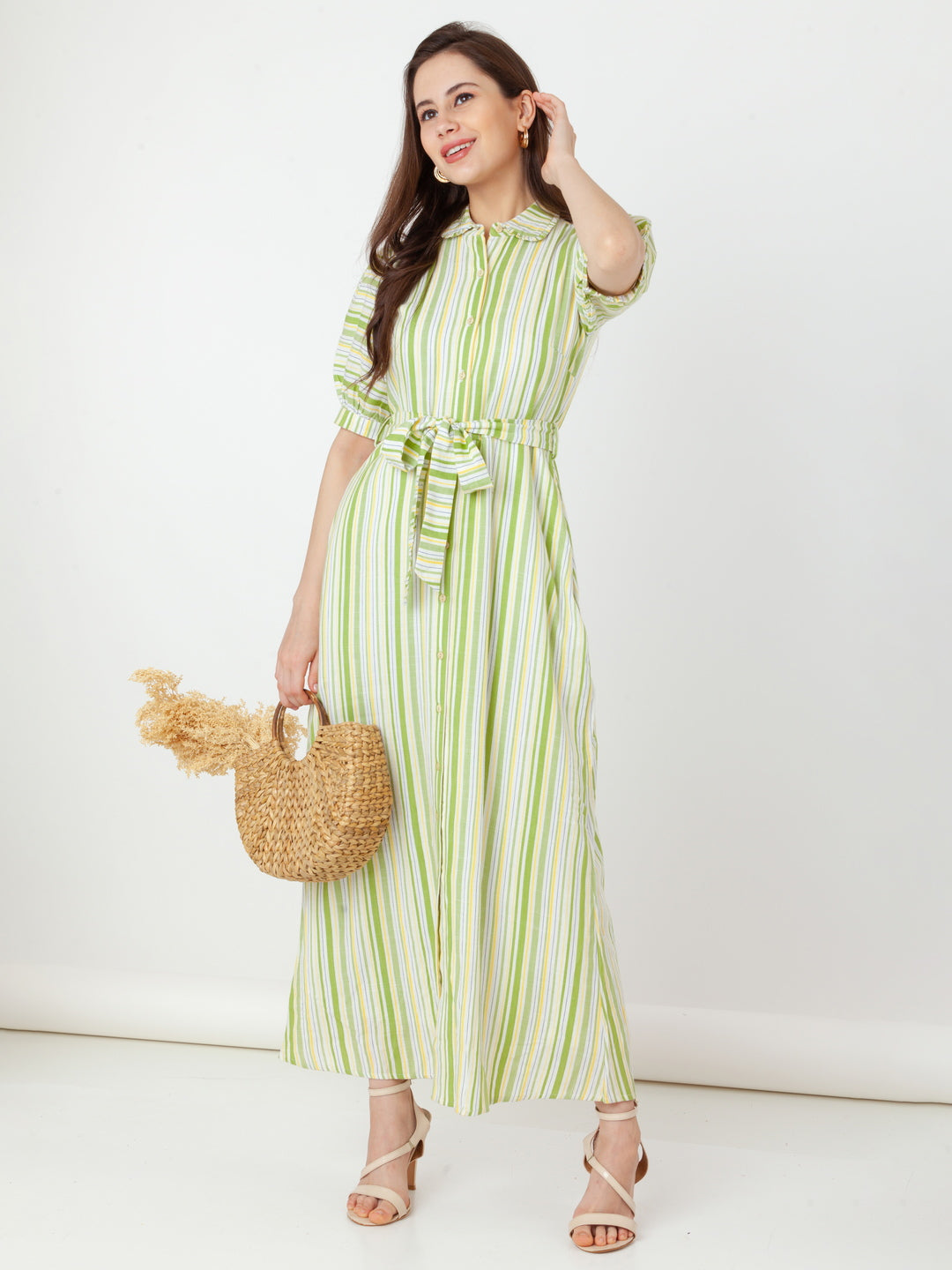 Buy Green Striped Shirt-Style Maxi Dress - Zink London