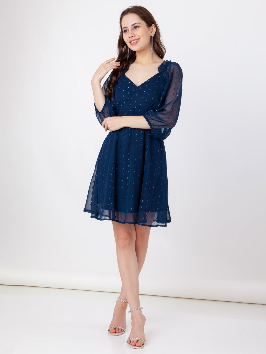 Buy Blue Self Design A-Line Short Dress - Zink London