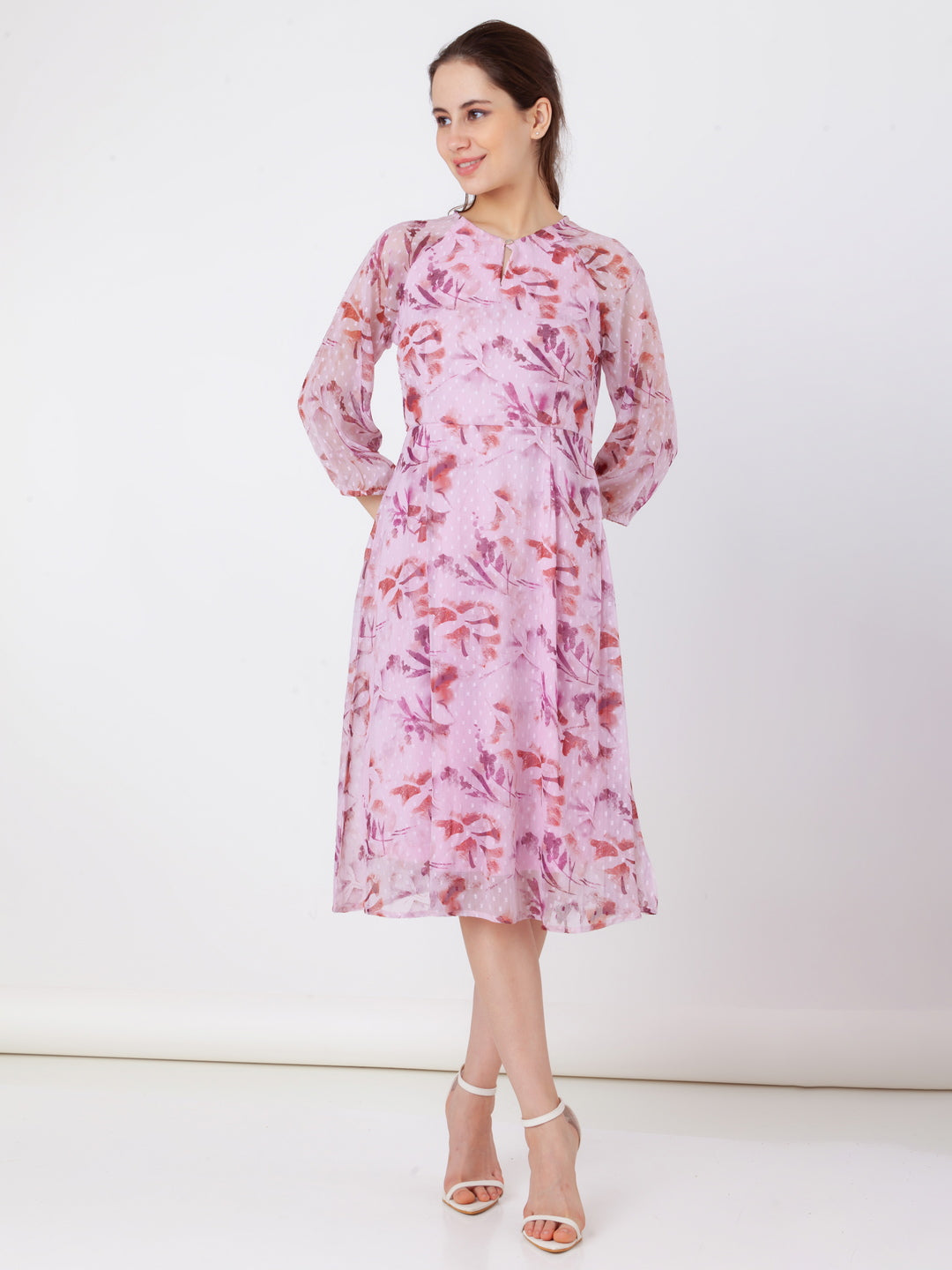 Buy Pink Printed A-Line Midi Dress - Zink London