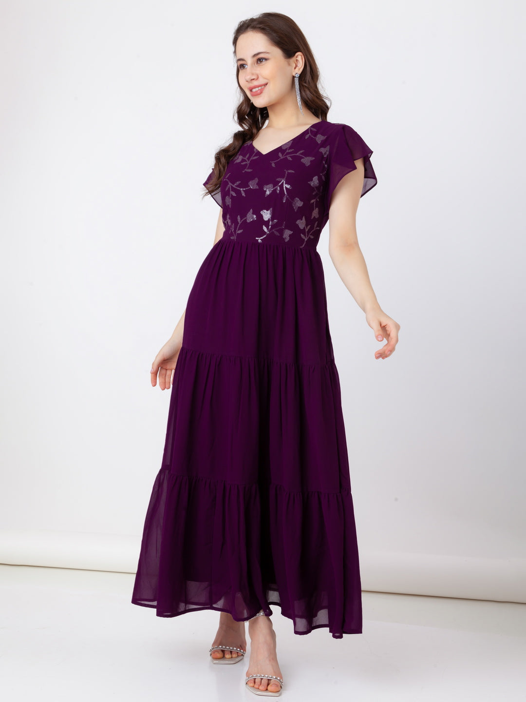 Buy Purple Embroidered Tiered Maxi Dress - Zink London