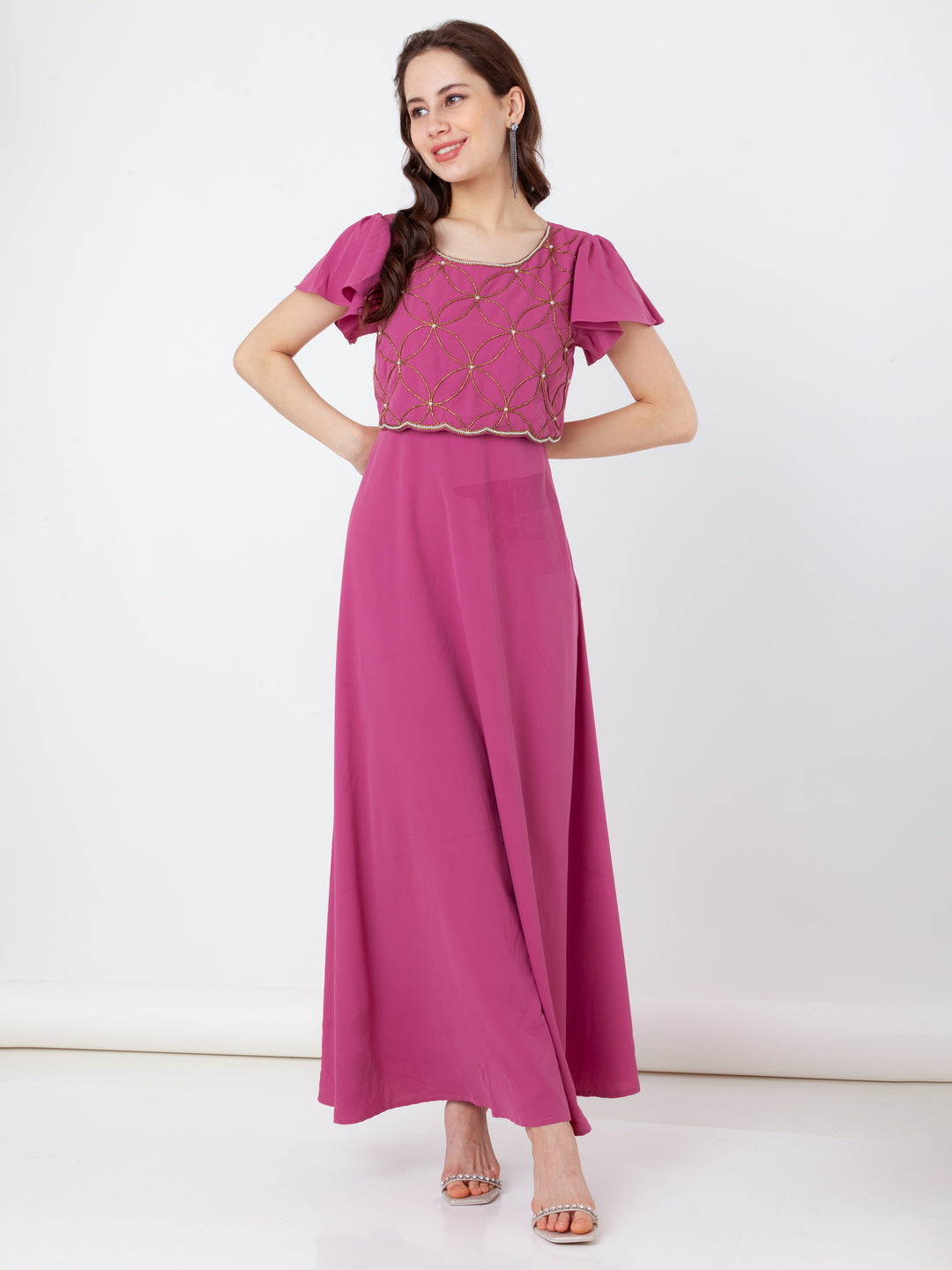 Buy Pink Embroidered Flared Maxi Dress - Zink London