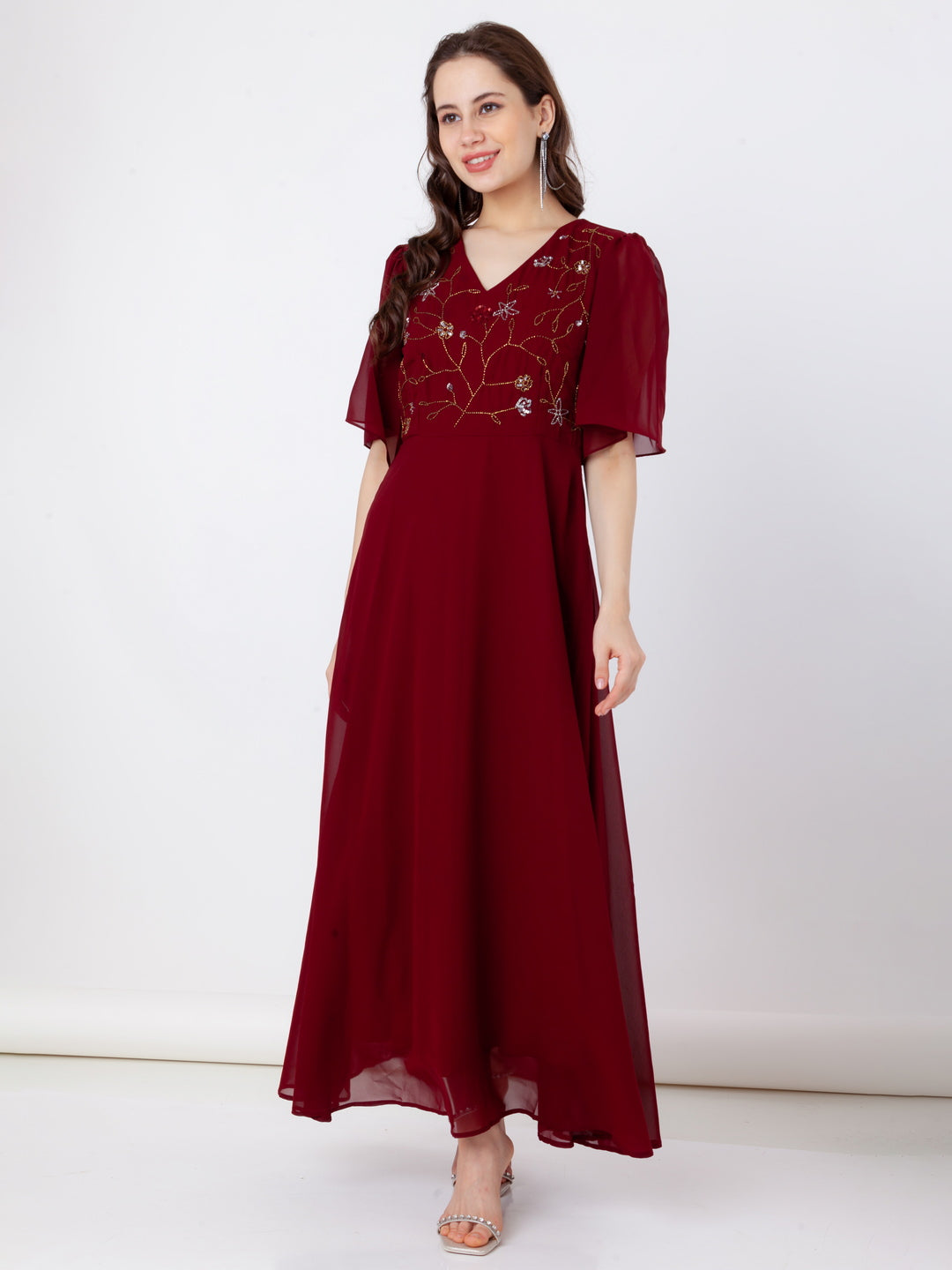 Buy Maroon Embroidered Empire Maxi Dress - Zink London