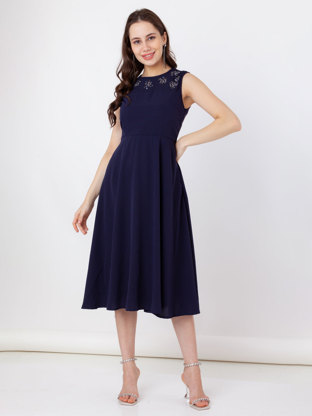 Buy Blue Embroidered A-Line Midi Dress - Zink London