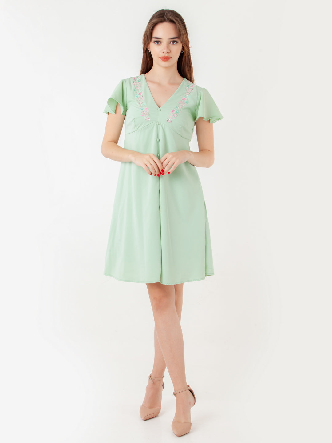 Buy Green Embroidered Flared Short Dress - Zink London
