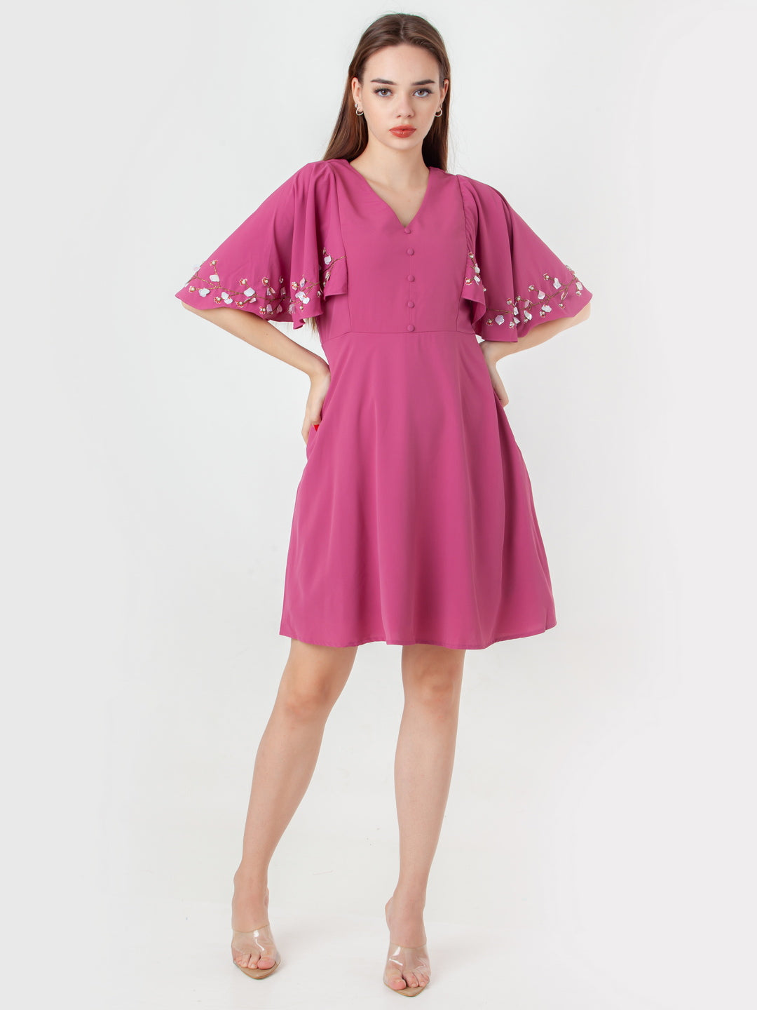 Buy Pink Embroidered Flared Short Dress - Zink London
