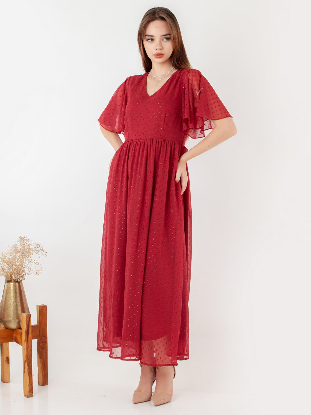 Buy Maroon Self Design Regular Maxi Dress - Zink London