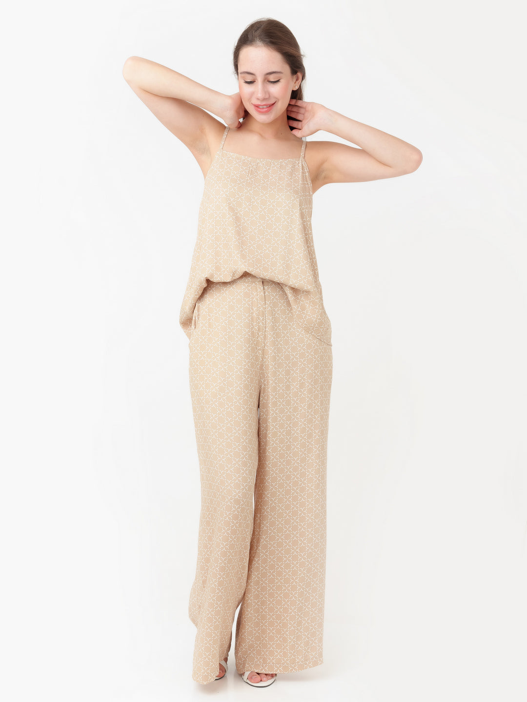 Buy Beige Geometric Print Straight Top - Zink London