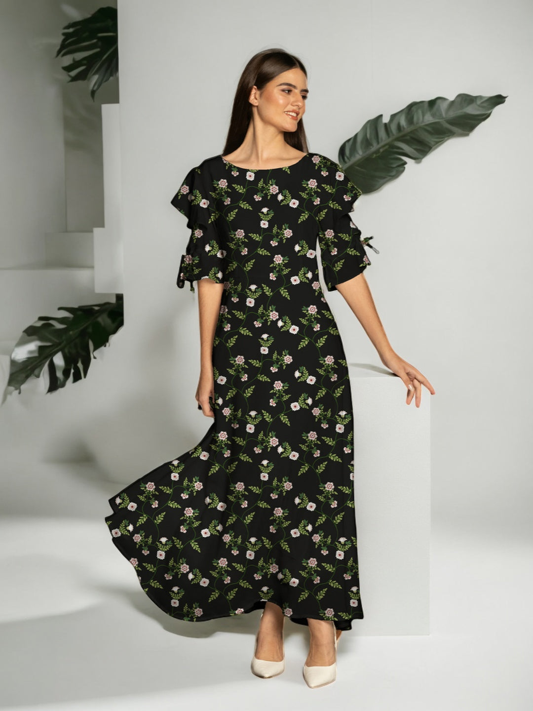 Buy Black Floral Print Flared Maxi Dress - Zink London