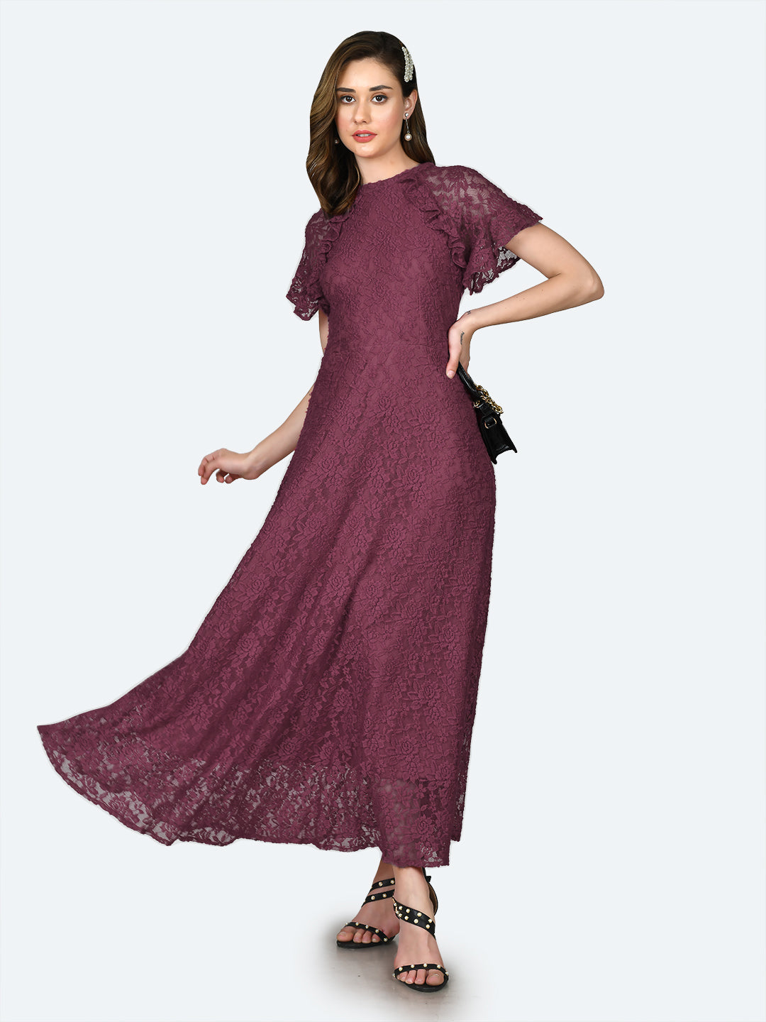 Buy Wine Colored Lace Round Neck Maxi - Zink London