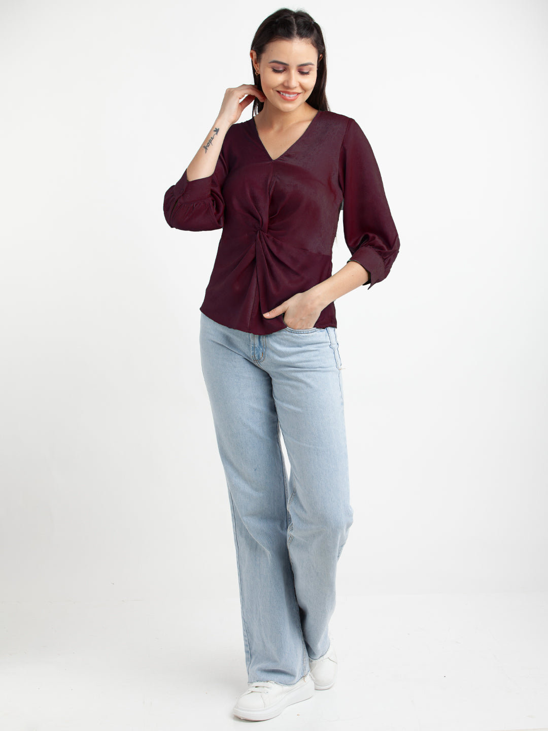Buy Burgundy Red Solid V-Neck Top - Zink London